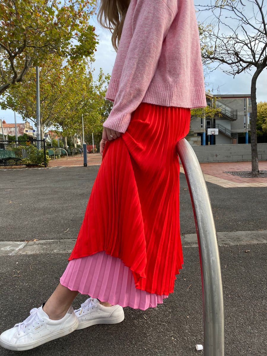Red and Pastel Pink Pleated Skirt – One Eighty Clothing